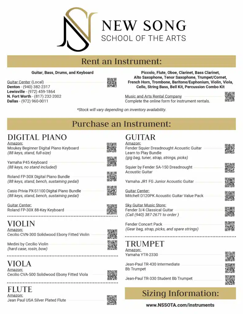 Instruments & Rentals - New Song School Of The Arts